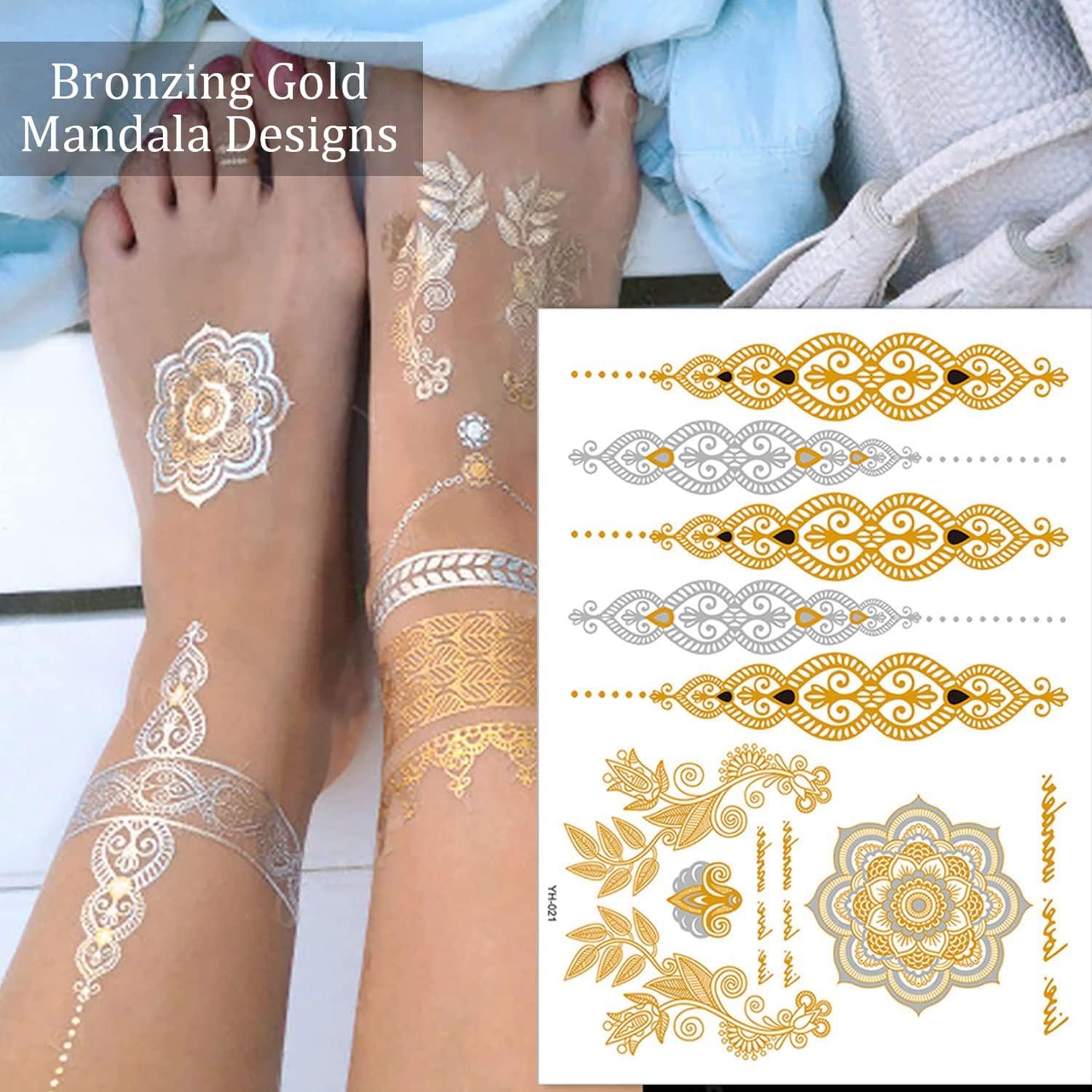 6 Sheets Gold Henna Temporary Tattoos for Women - Lace Fake Tattoo ...