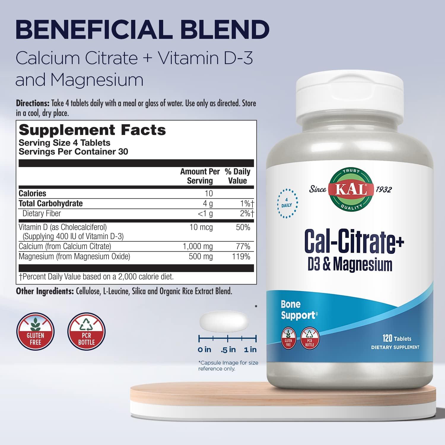 KAL Cal-Citrate+ Calcium Citrate with Vitamin D-3 & Magnesium - 120 ...