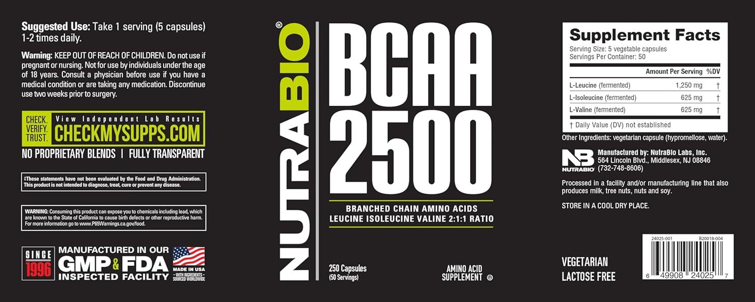 NutraBio BCAA 2500 - Branched Chain Amino Acids for Muscle Growth ...