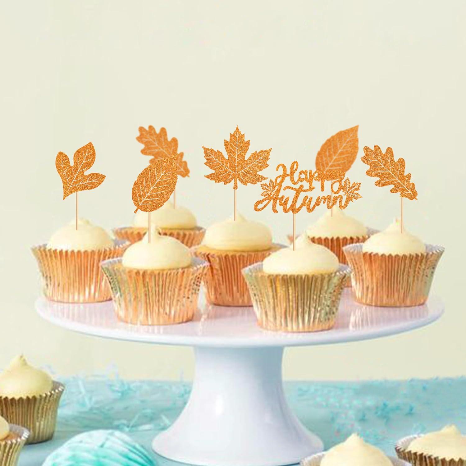 Blumomon 30PCS Maple leaf Happy Autumn Cupcake Toppers with Glitter ...