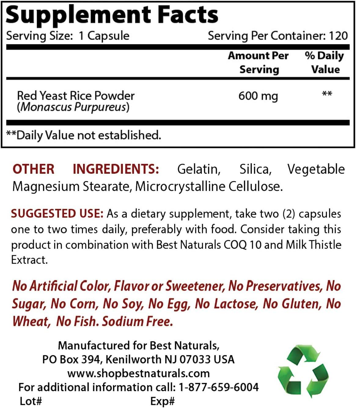 Best Naturals Red Yeast Rice 600mg Capsules - 120 Caps (2 capsules per ...