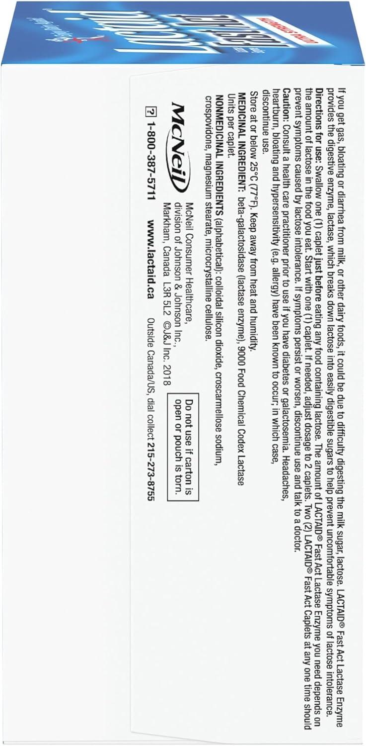 Lactaid Fast Acting Caplets - Lactose Enzyme Break Down - Gas Bloating ...