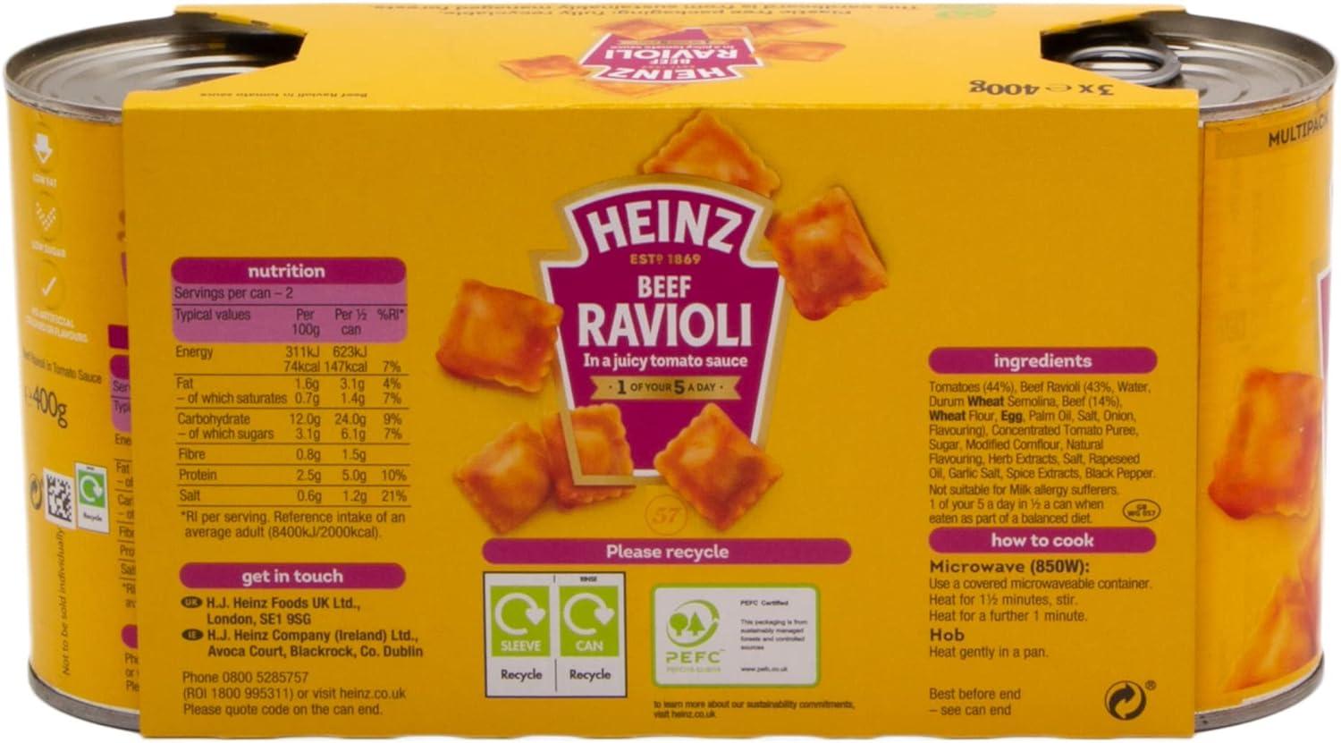 Heinz Beef Ravioli 3 x 400g | Easy Open Tins | Delicious and Convenient ...