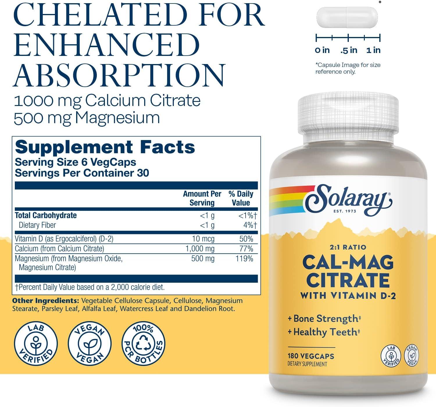 Solaray Calcium Magnesium Citrate 2:1 Ratio with Vitamin D - Bone ...