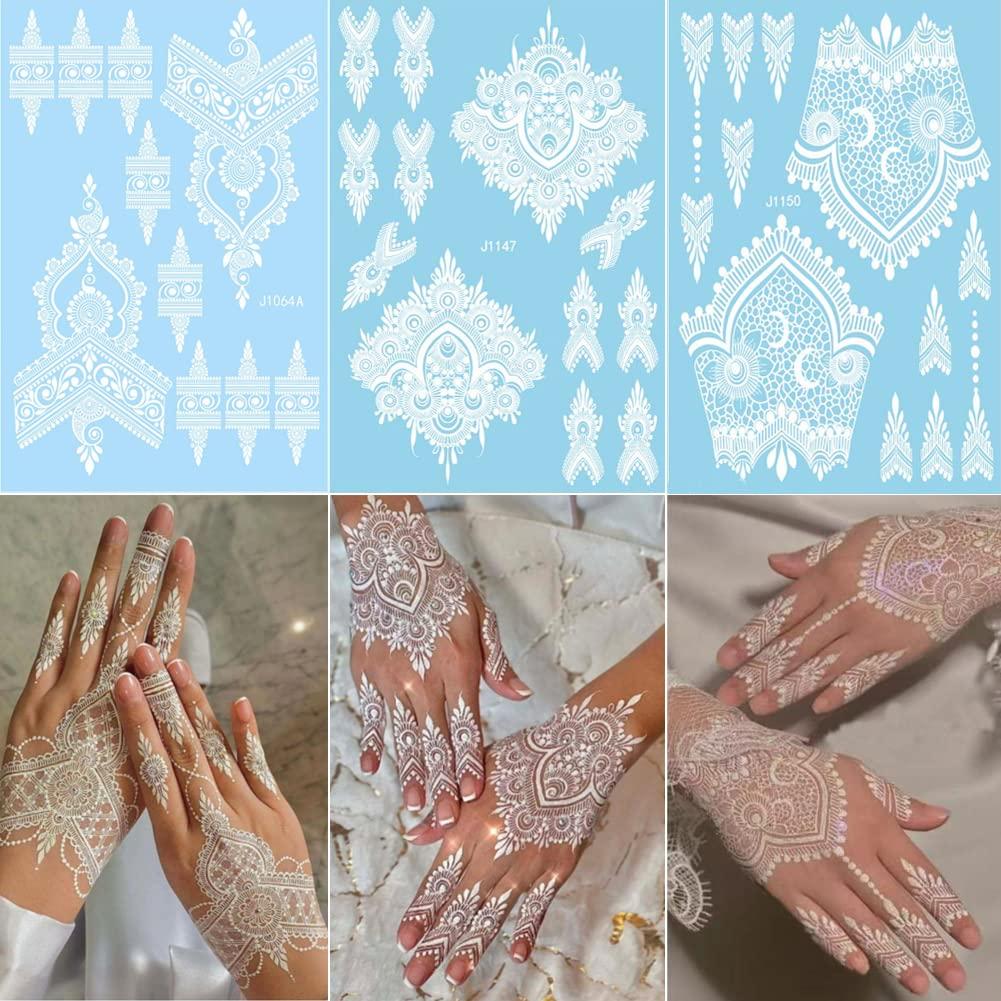 Xmasir 12 Sheets White Henna Tattoo Kit - Waterproof Temporary Stickers ...