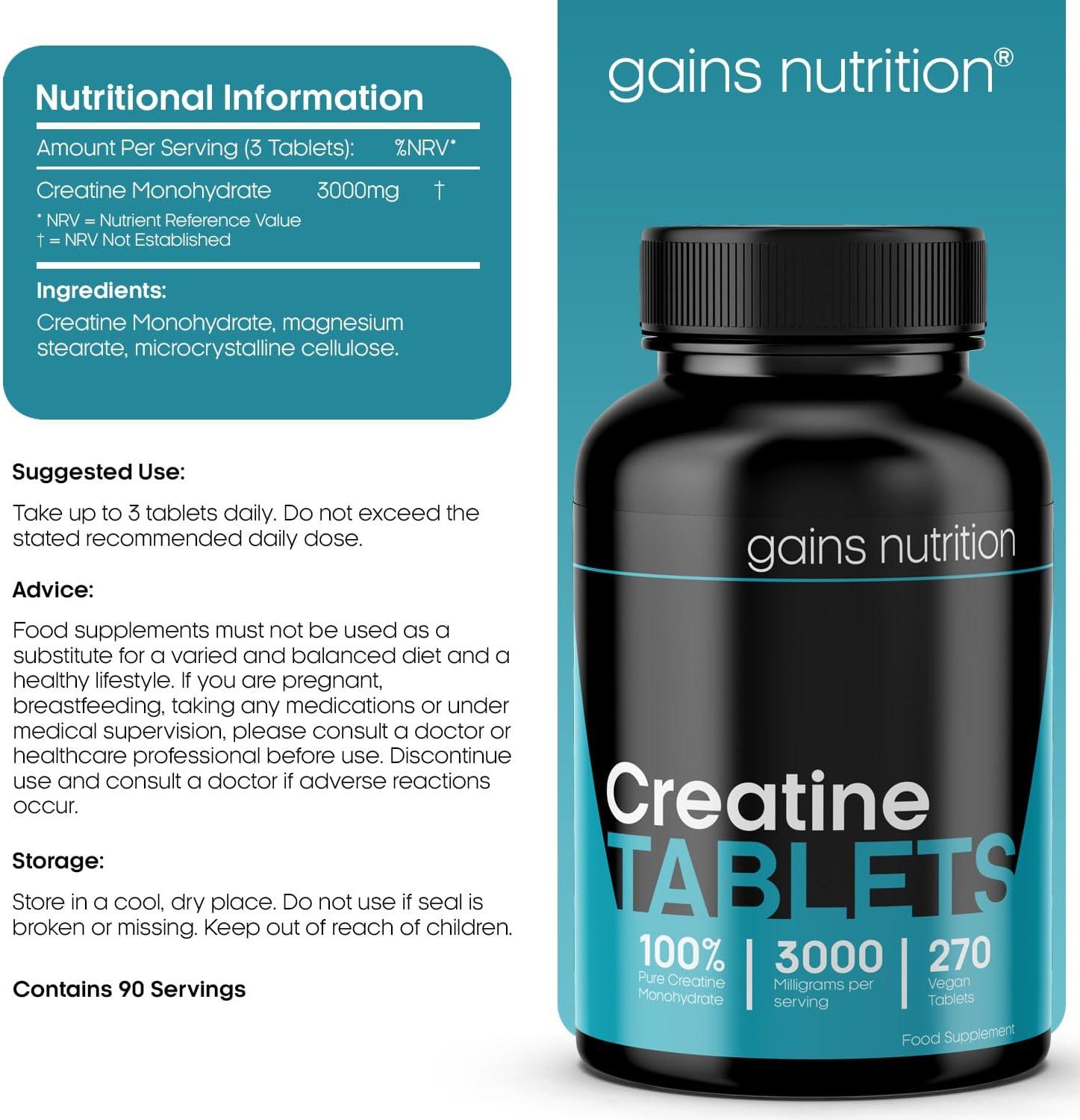 Creatine Monohydrate 3000mg Vegan Tablets - 270 Count - 90 Day Supply ...