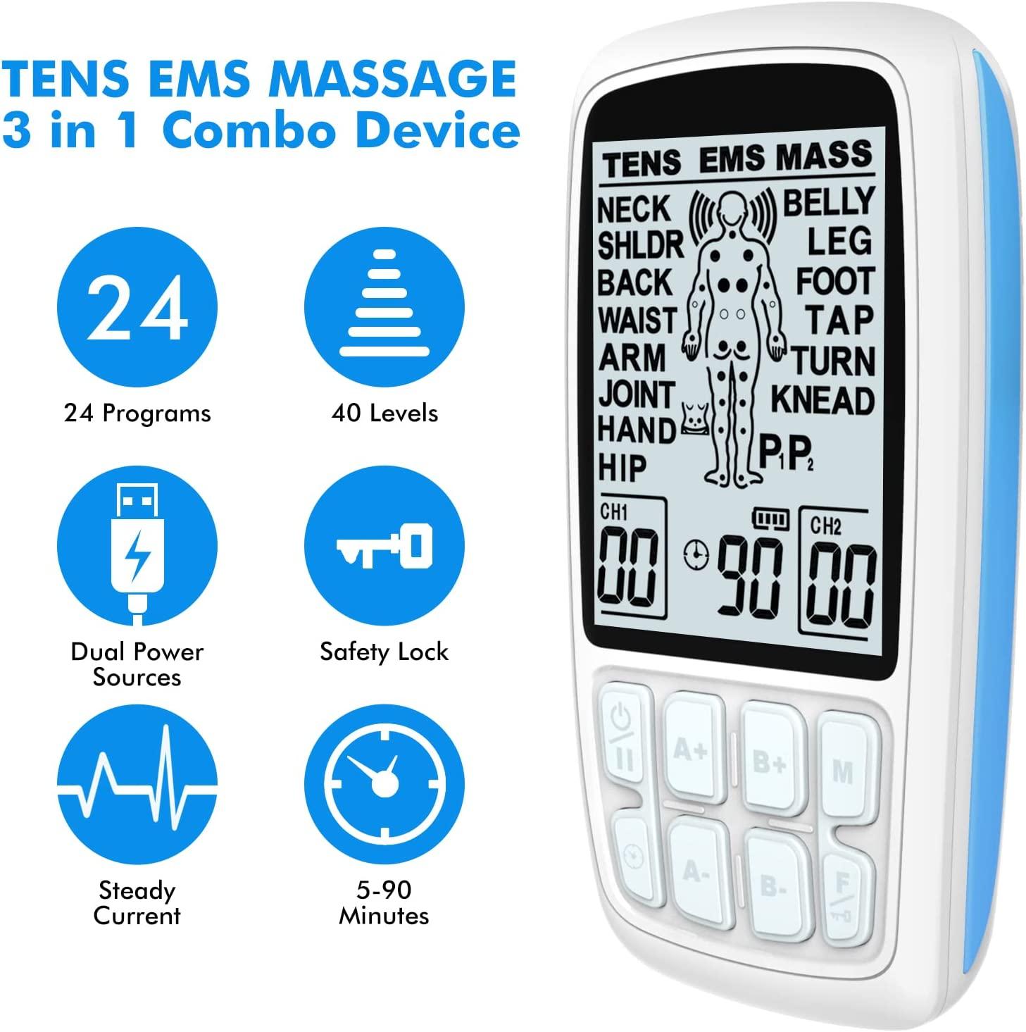 Conree Dual Channel TENS Unit EMS Muscle Stimulator - 24 Programs for ...