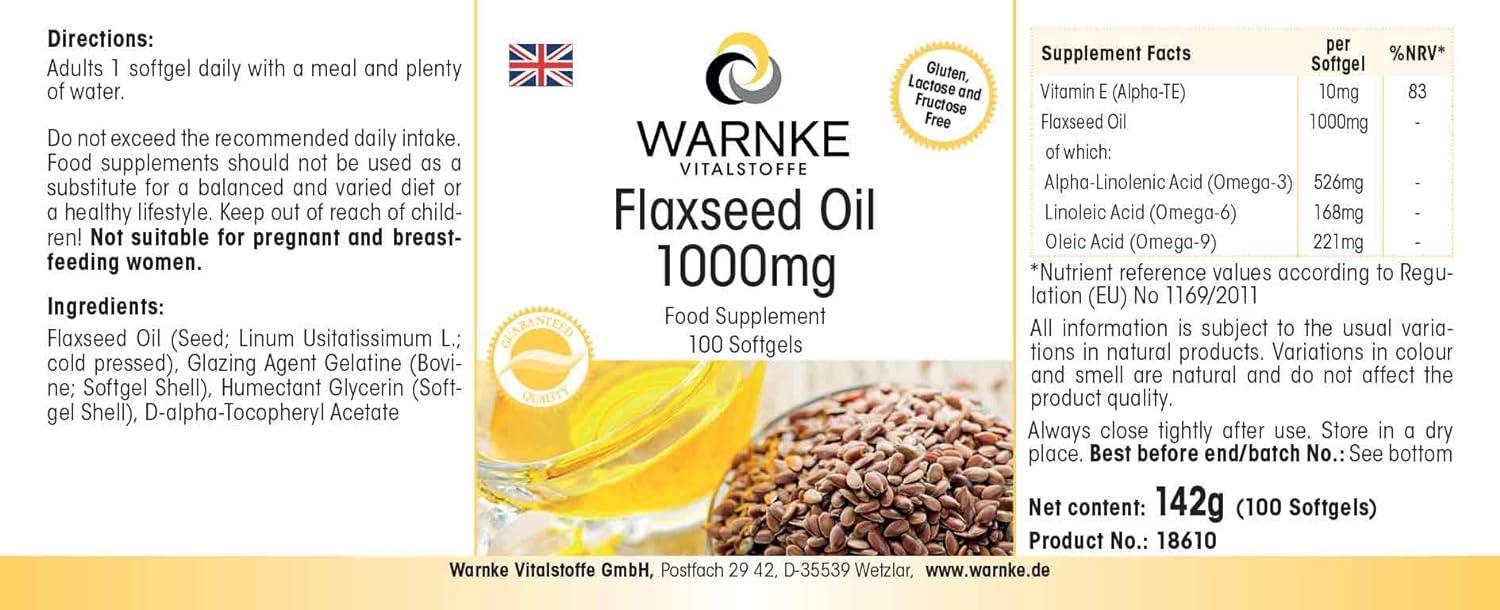 Warnke Vitalstoffe Linseed Oil 1000mg Alpha Linolenic Acid - 100 ...