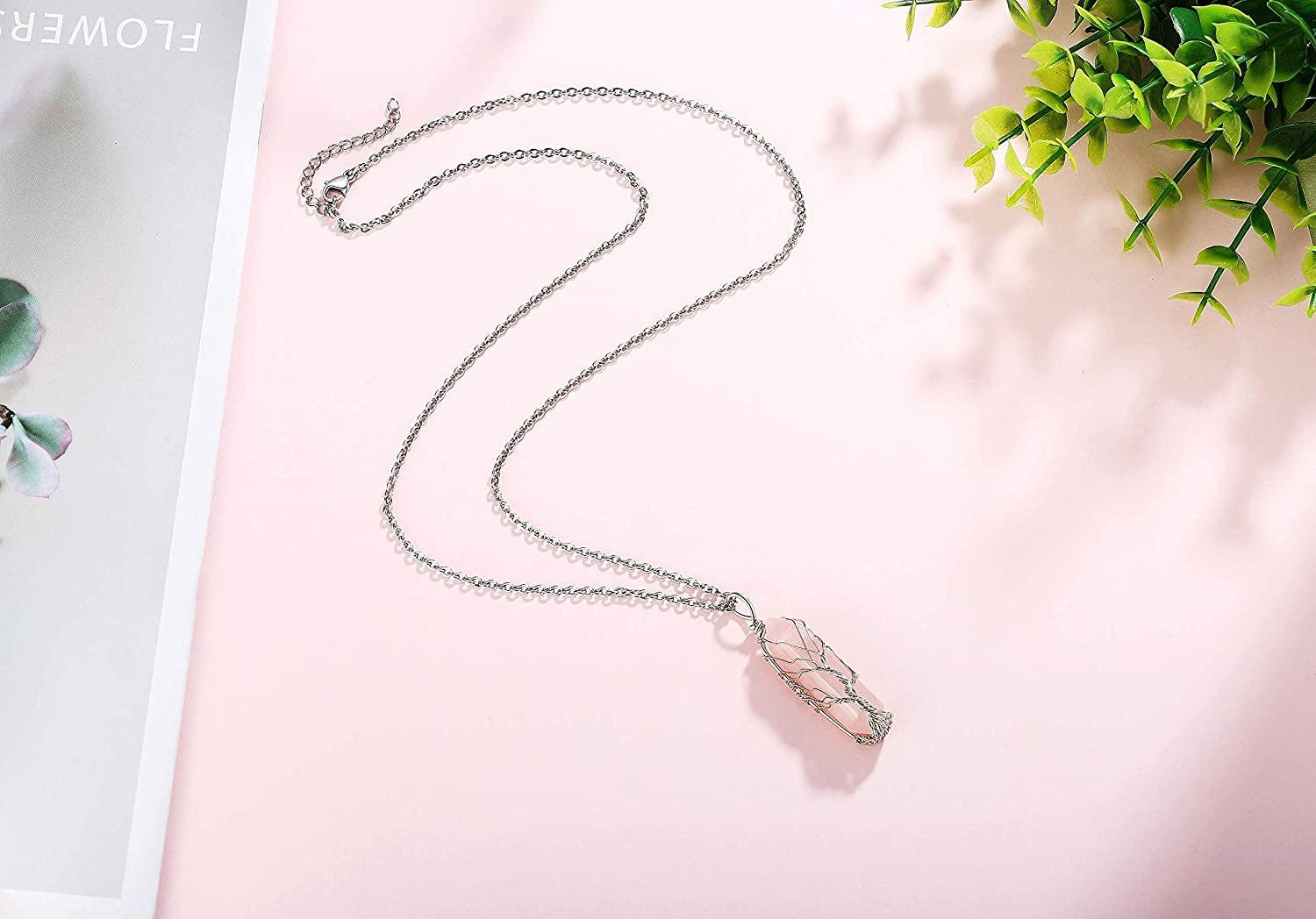 XIANNVXI Tree of Life Rose Quartz Pendant Necklace for Women - Reiki Healing Crystal Stone ...