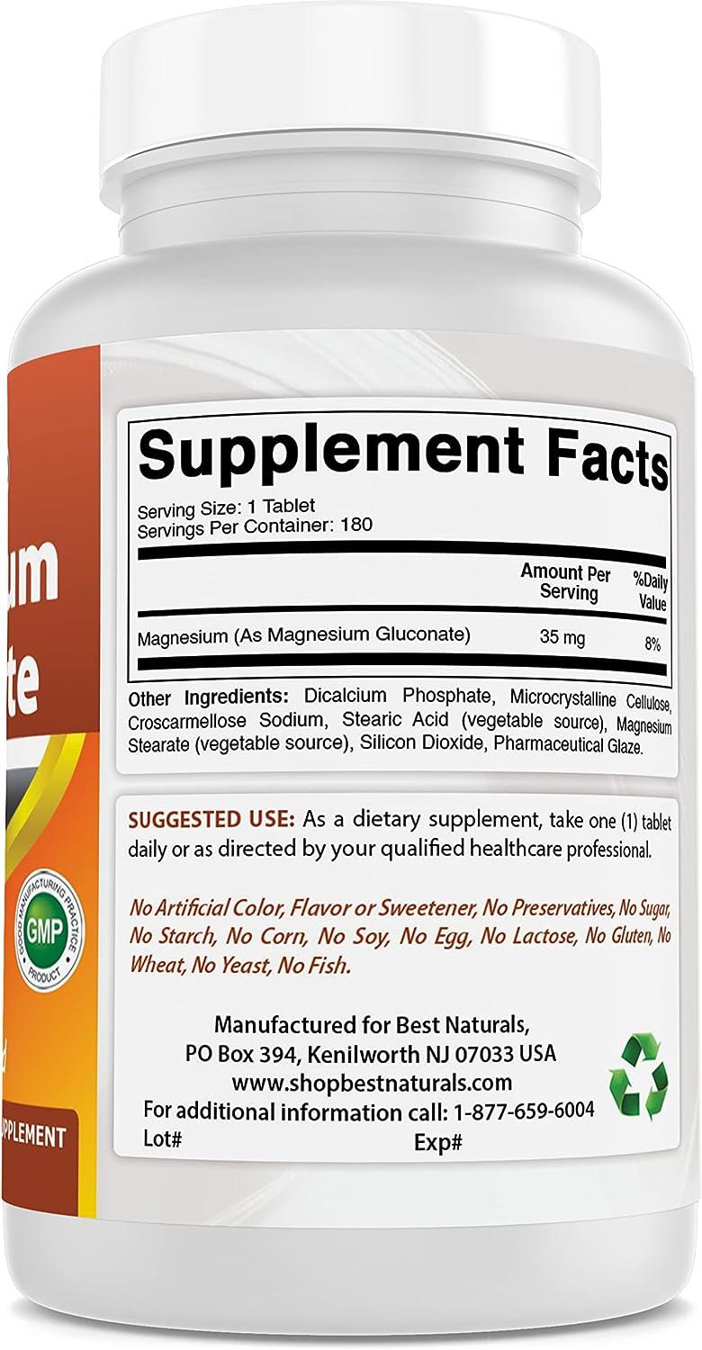 Best Naturals Magnesium Gluconate 600mg - 180 Tablets, 35mg Elemental Magnesium | Buy Now with ...