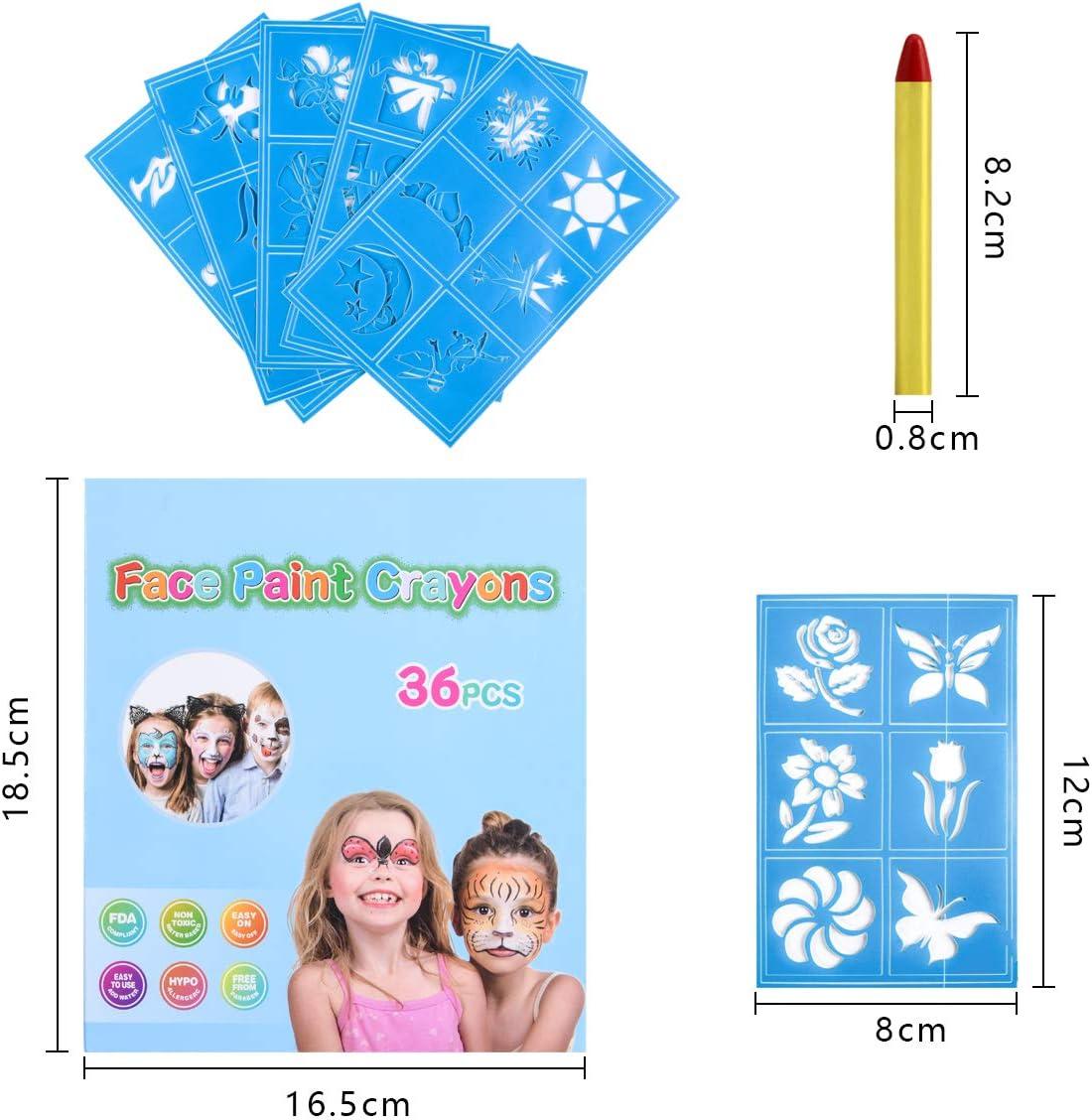 URAQT 36 Colors Face Paint Crayons for Kids with Painting Templates ...