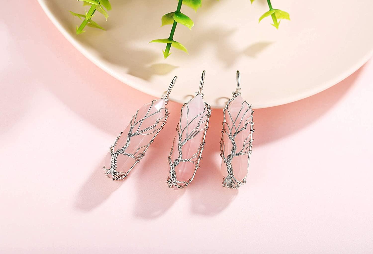 XIANNVXI Tree of Life Rose Quartz Pendant Necklace for Women - Reiki Healing Crystal Stone ...