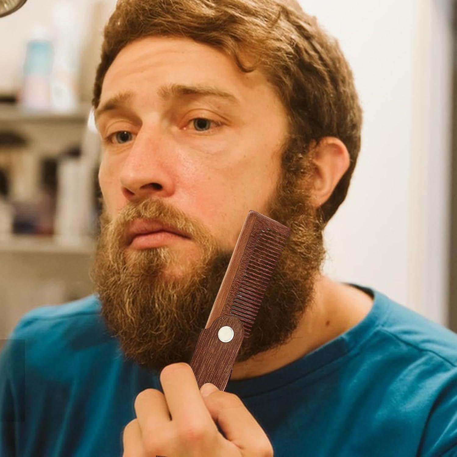 Natural Wooden Beard Comb for Men - Folded Mustache & Beard Brush ...
