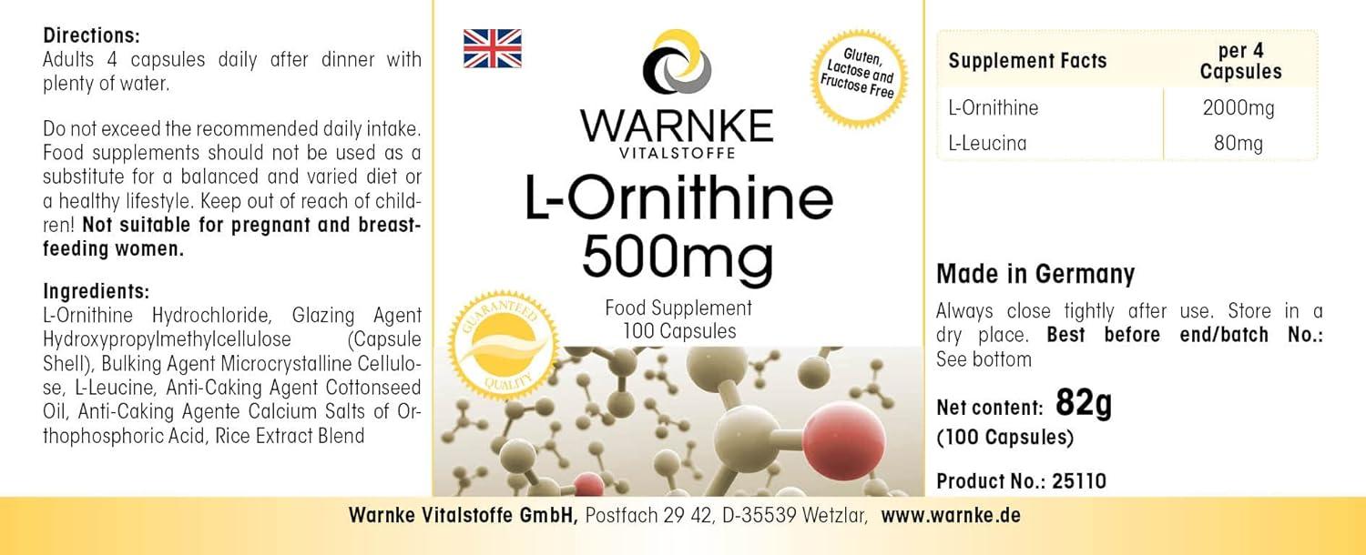 L-ornithine 500mg Vegan Capsules - 100 Count | Warnke Vitalstoffe | Buy ...