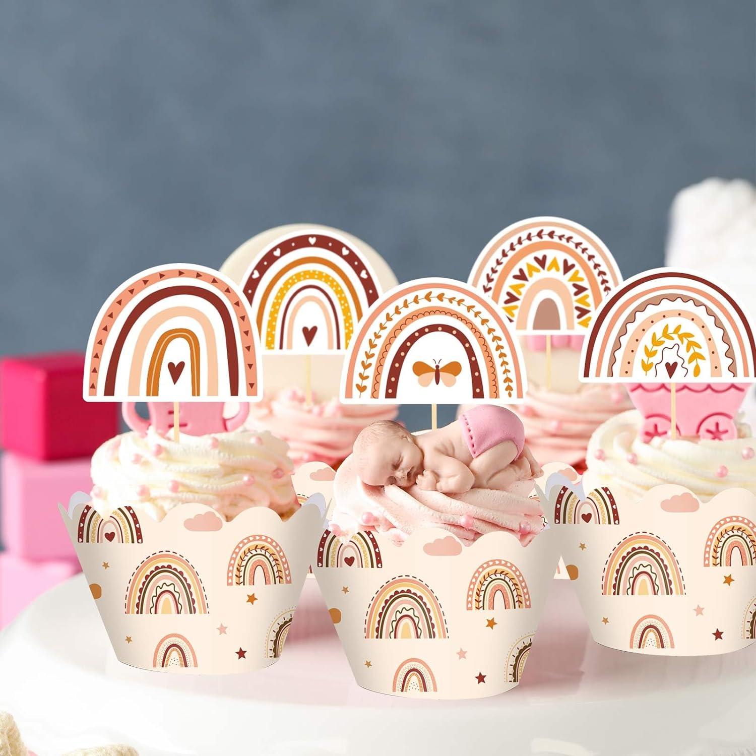 AnyDesign 48Pcs Boho Rainbow Cupcake Wrappers and Cake Toppers Set ...
