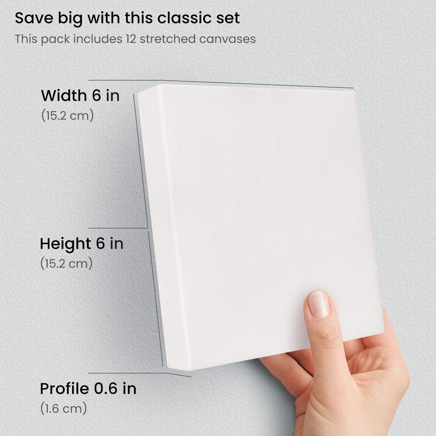 Arteza 6x6 Inch White Stretched Canvas Pack - 12 Canvases, 100% Cotton ...