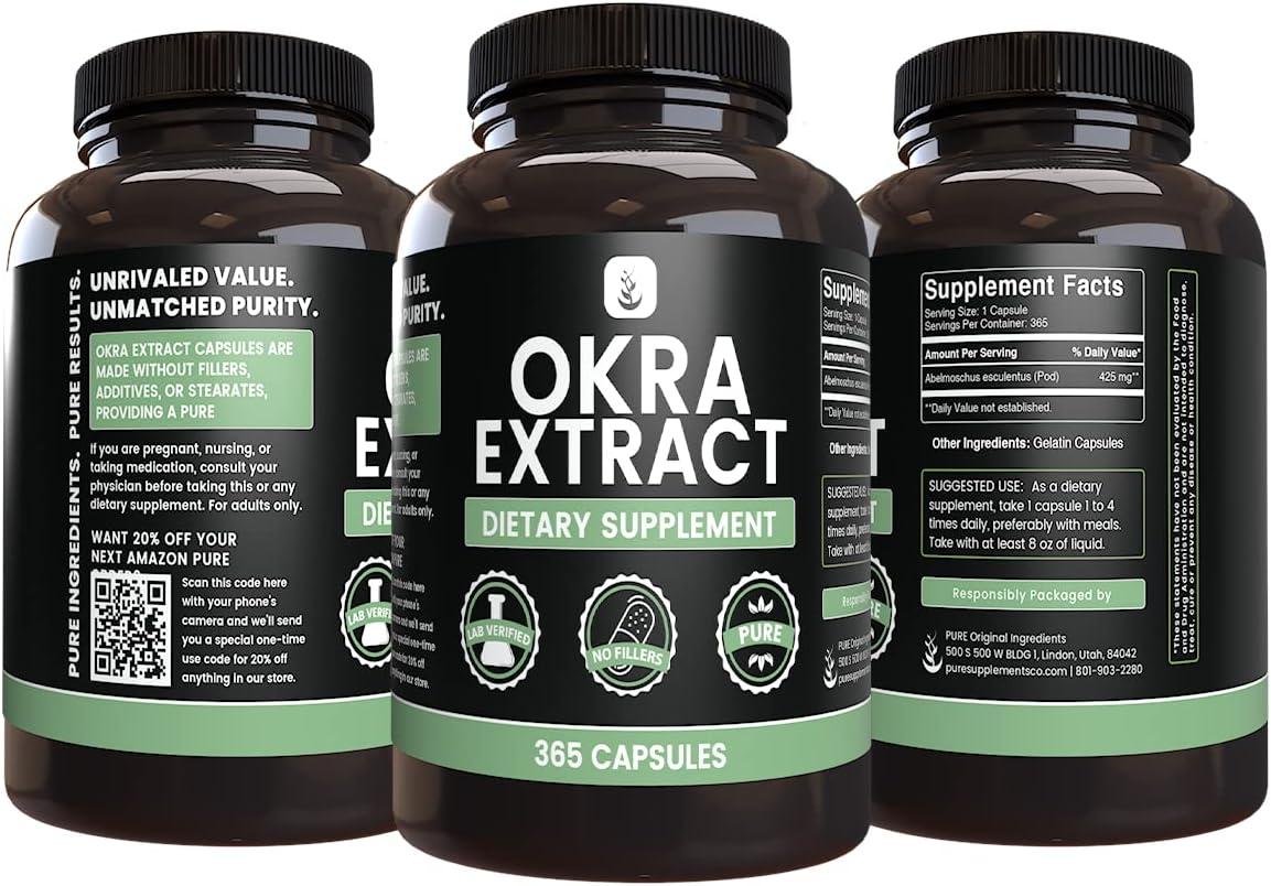 Pure Okra Extract Capsules - 365 Count | Lab Verified, No Fillers | 100 ...