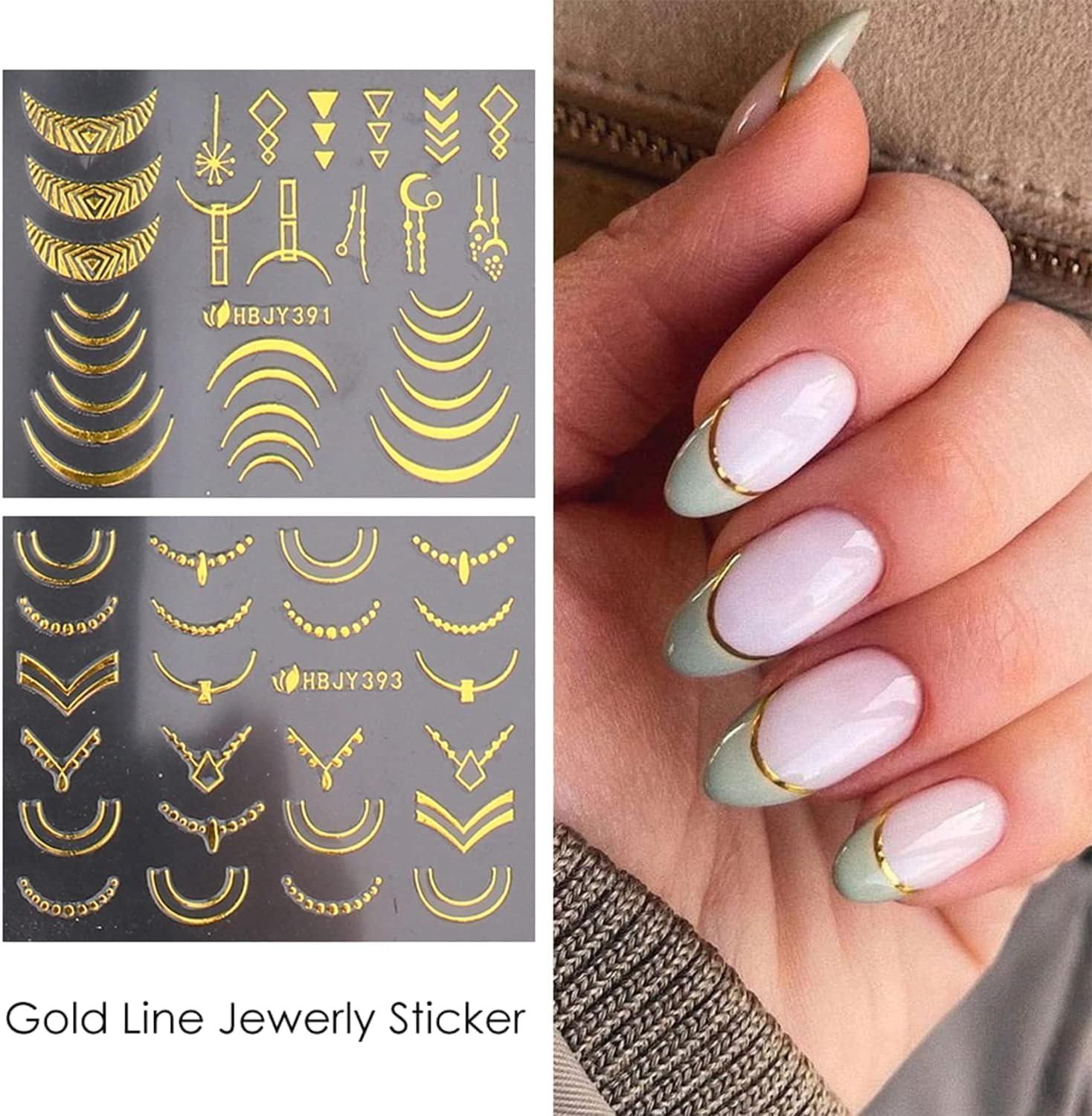 Gold Flowers Nail Stickers Decals - Self-Adhesive 3D Golden Line ...