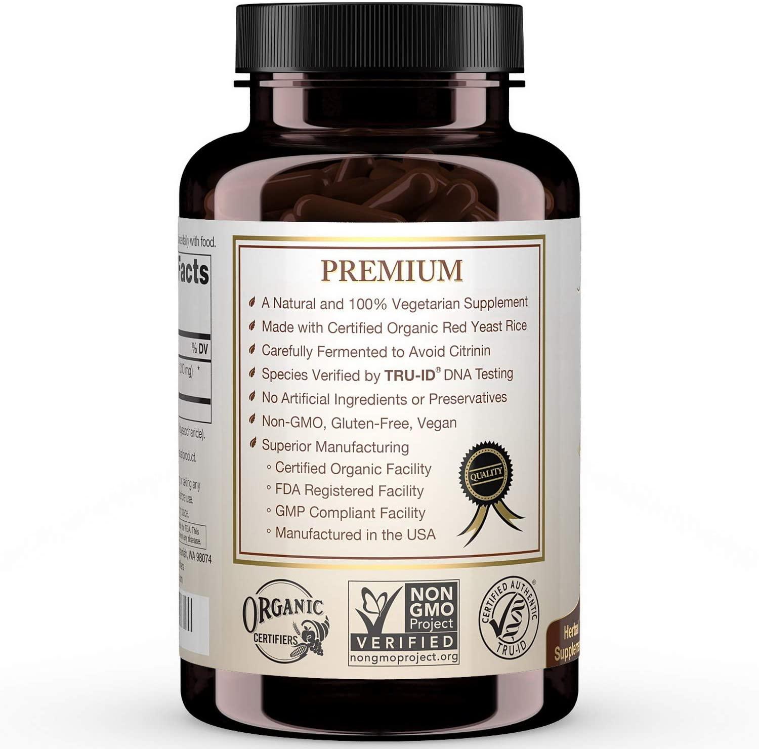 Certified Organic Red Yeast Rice Supplement - 120 Capsules | 2 Month ...