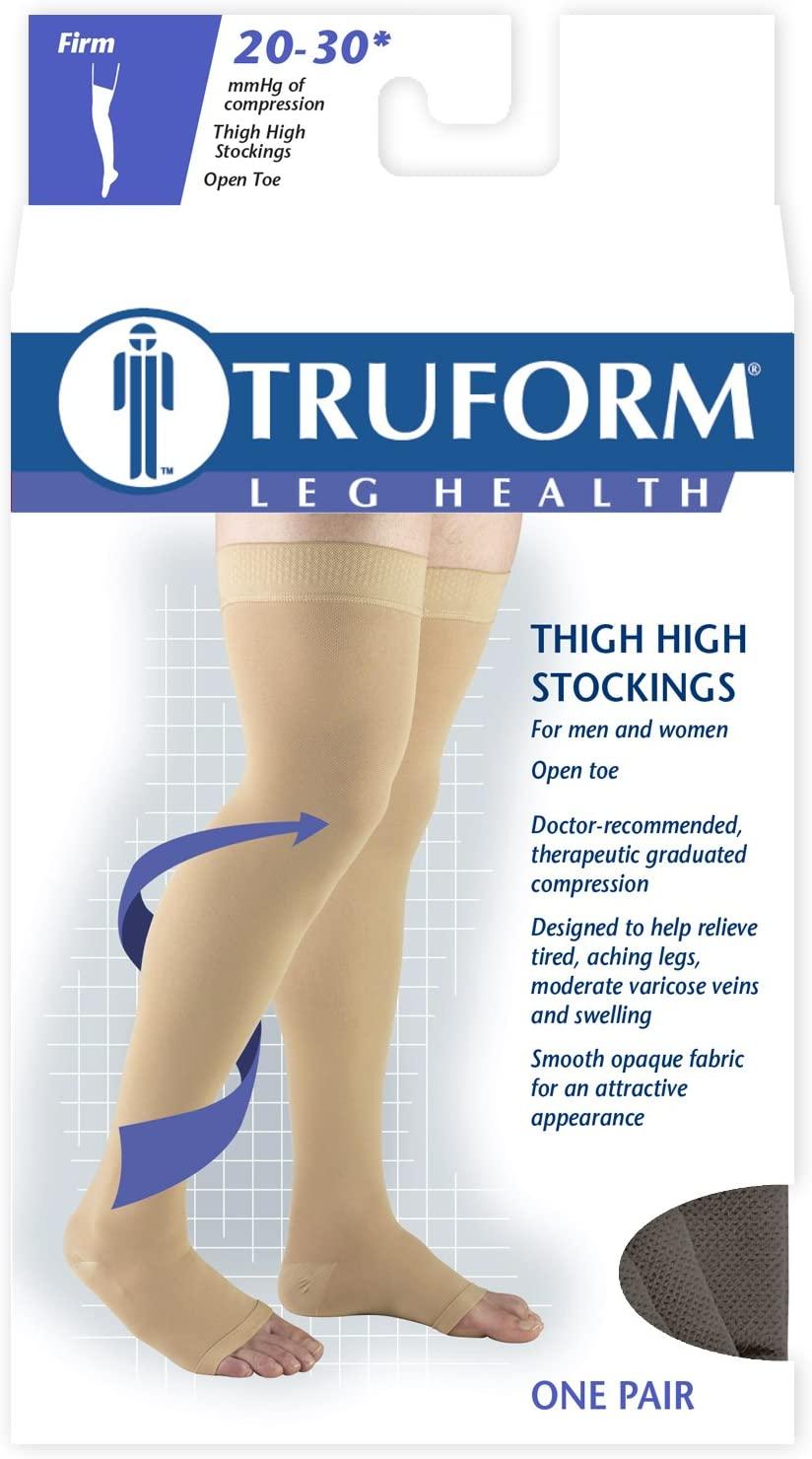 Truform 20-30 mmHg Compression Thigh High Stockings - Black, Open Toe ...