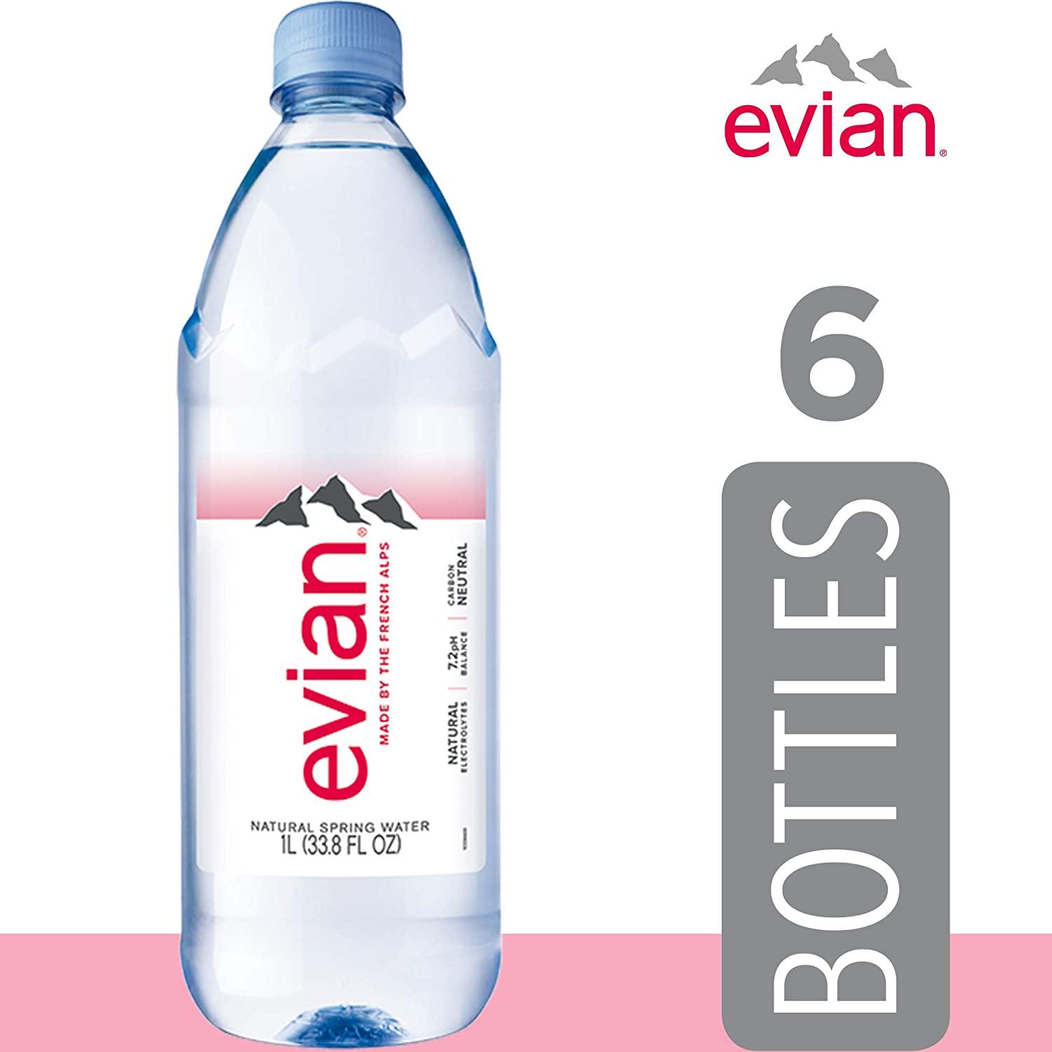 evian Natural Spring Water 1 Liter (Pack of 6) - Large Bottles of Refreshing, Naturally Filtered ...