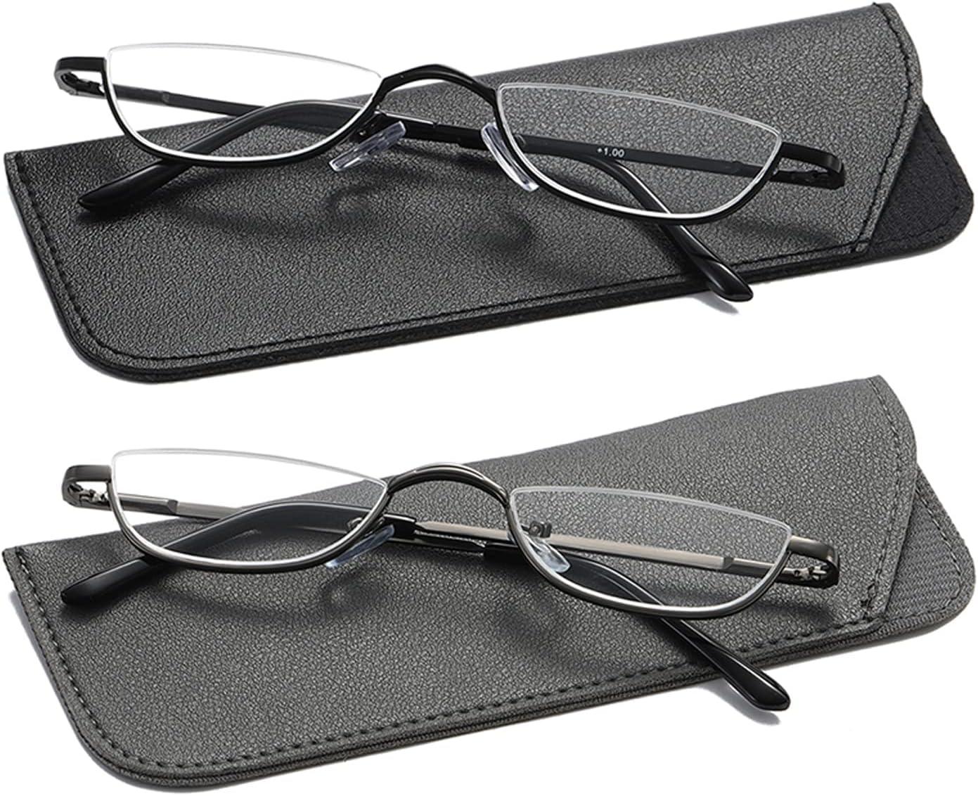 Hubeye 2 Pairs Half Moon Reading Glasses Metal Slim Half Frame Readers ...