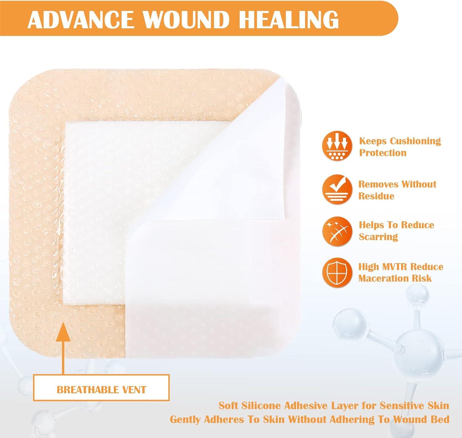 Silicone Adhesive Foam Wound Dressing 4x4 with Border - 10 Pack ...