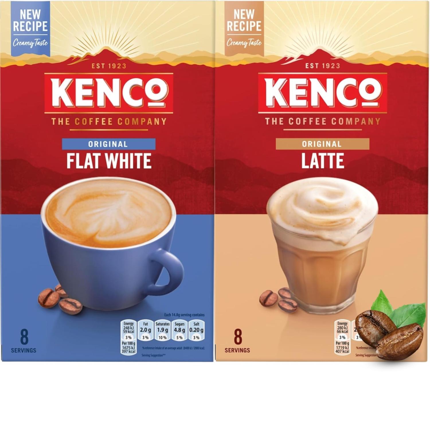 Kenco Latte Coffee Sachets Bundle with 8 Flat White and 8 Original ...