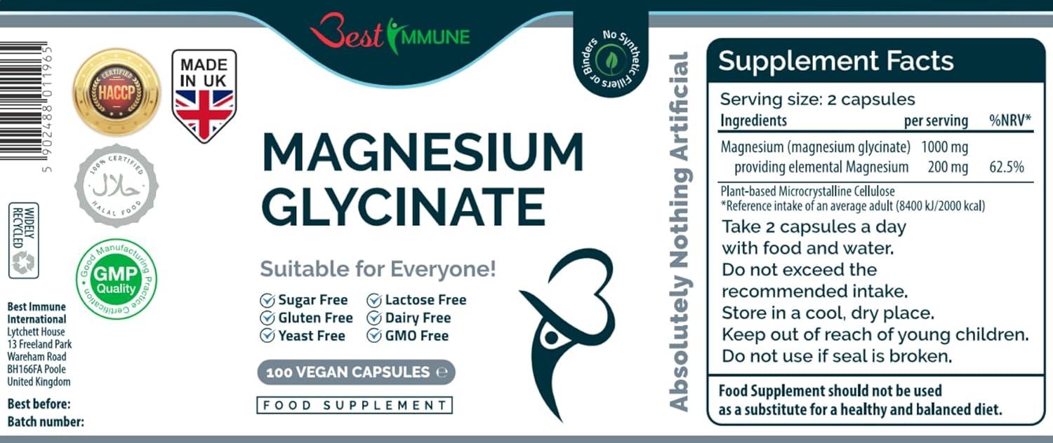 Premium Natural Magnesium Glycinate 500mg - 100 Vegan Capsules ...