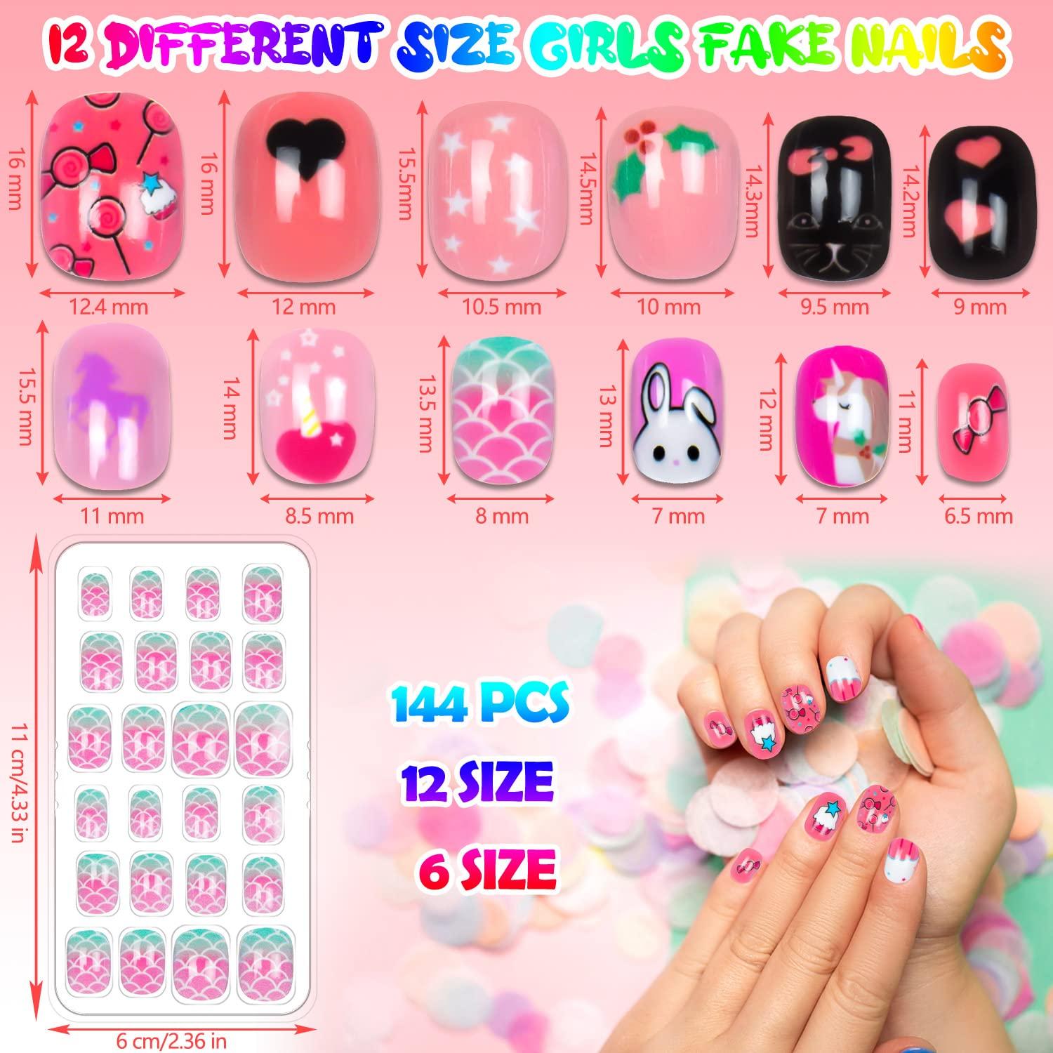144-Piece Cute Pattern Fake Nails for Kids - Full Cover Short Stick On ...