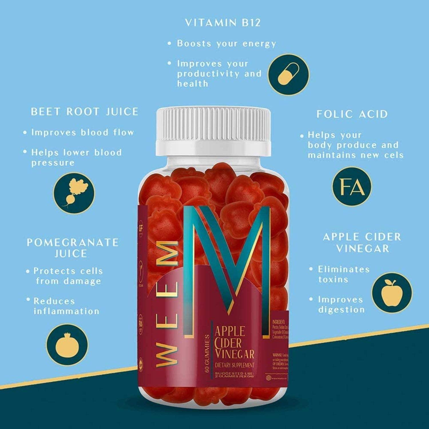 WEEM Apple Cider Vinegar Gummies - Vegan ACV with Folic Acid - Gluten ...