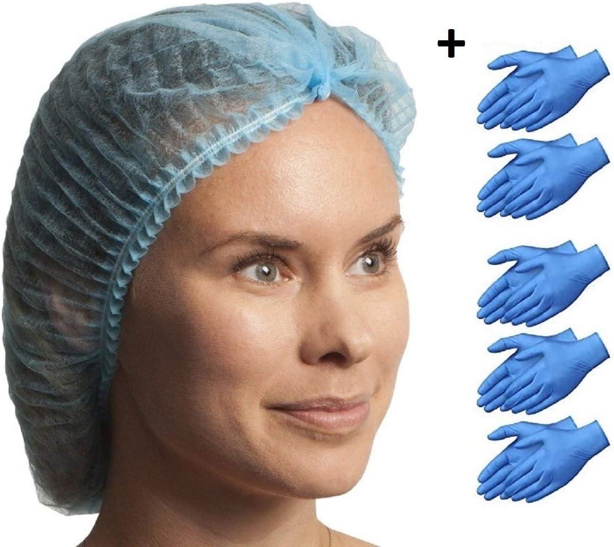 100 Pcs-21 Bouffant Disposable Hair Net Caps Bundle with Gloves - Blue ...