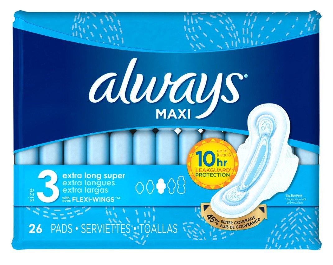 Always Pads Maxi Extra-Long Size 3 - 26 Count Super, 2 Pack - Absorbent ...