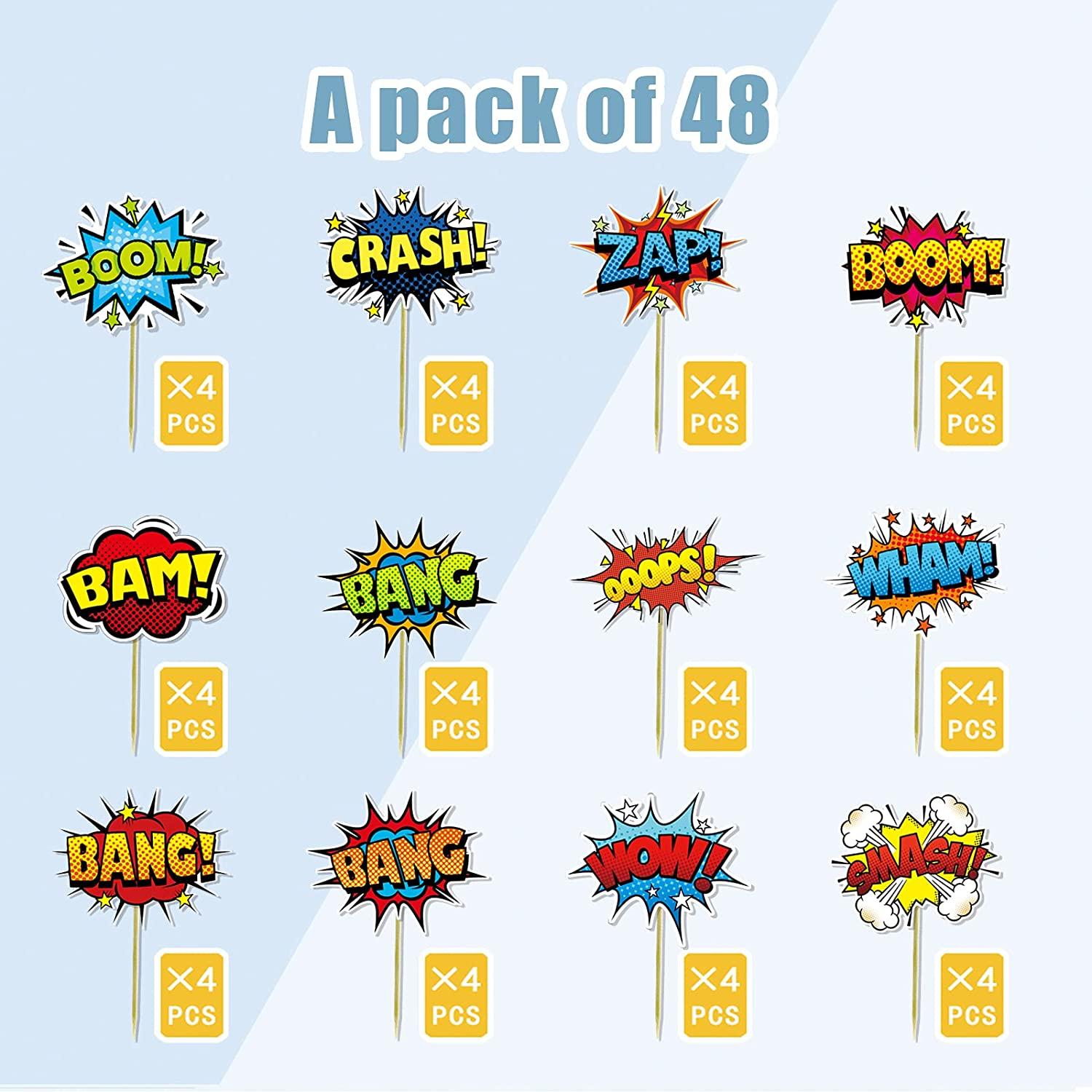 SuperHero Boom Cupcake Toppers - 48 Pack, Kids Birthday Party ...