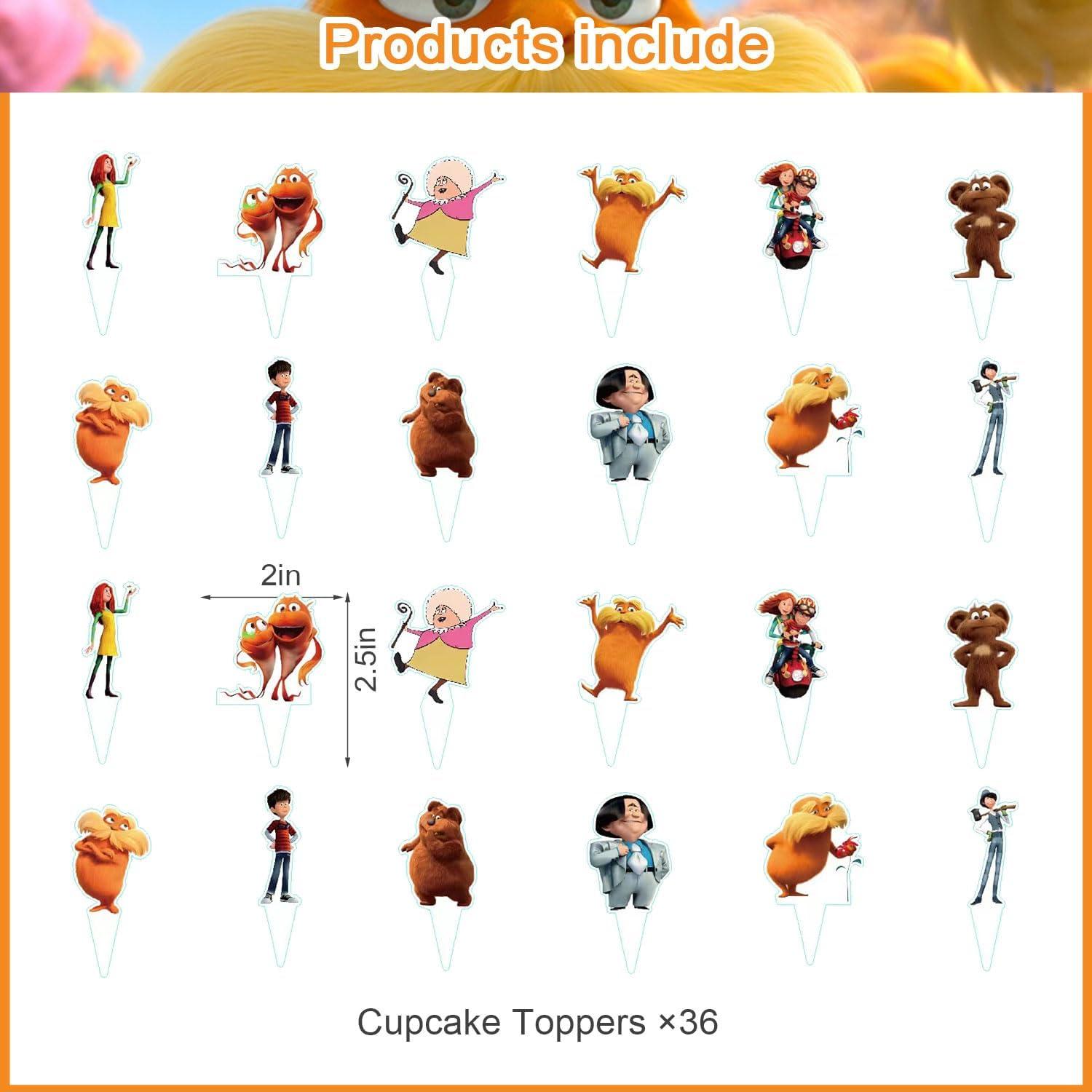 37pcs Lorax Cake Decorations with 1pcs Lorax Cake Topper 36pcs Cute Cartoon Cupcake Toppers for ...