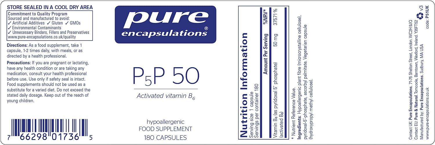 P5P 50 - Activated Vitamin B6 - Pyridoxal-5'-Phosphate Supplement - 180 Capsules for Tiredness ...