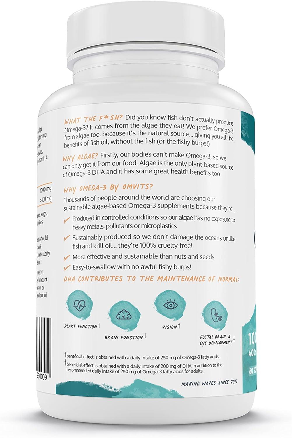 Omvits Vegan Omega 3 DHA Algae Oil Capsules 1000mg | 60 Softgels with ...