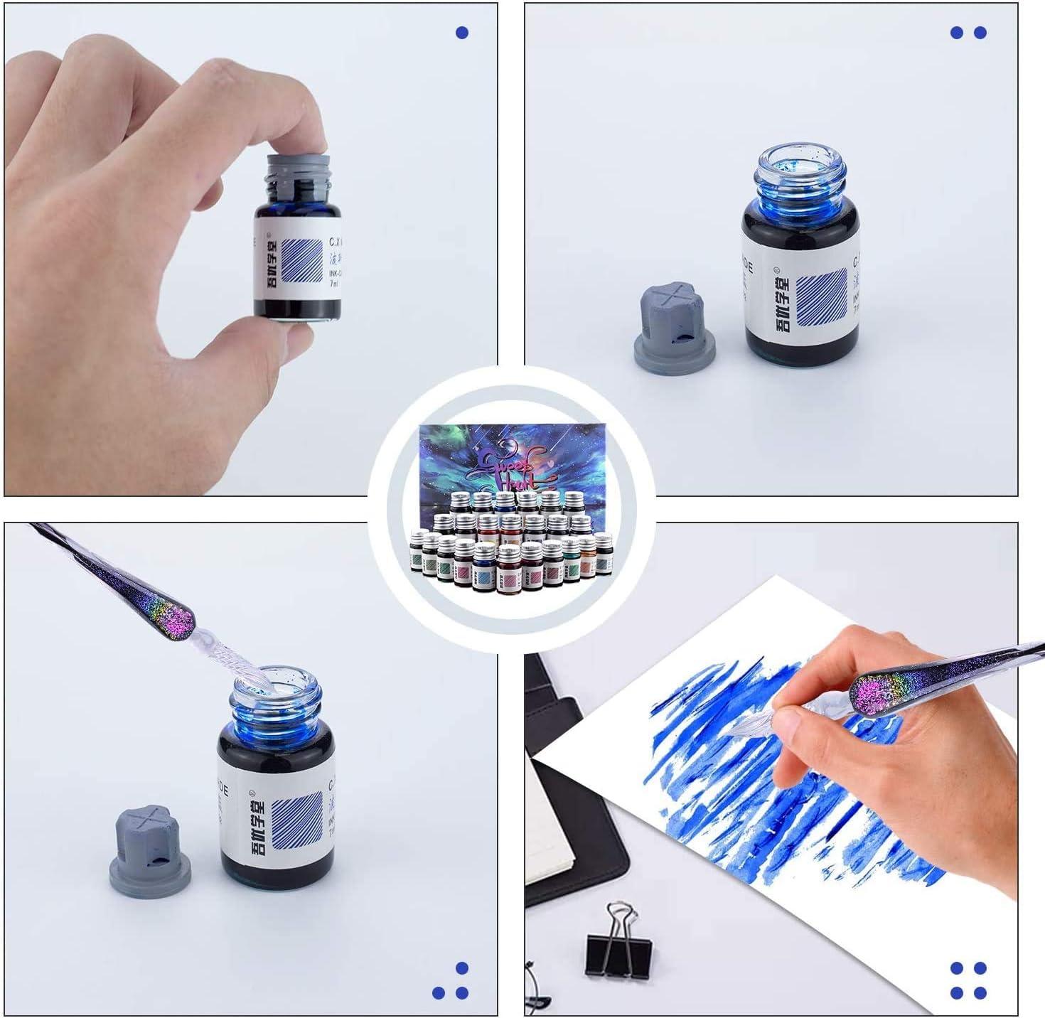 24 Colors Calligraphy Ink Set with Glass Dip Pen and Gold Powder - 7ml ...