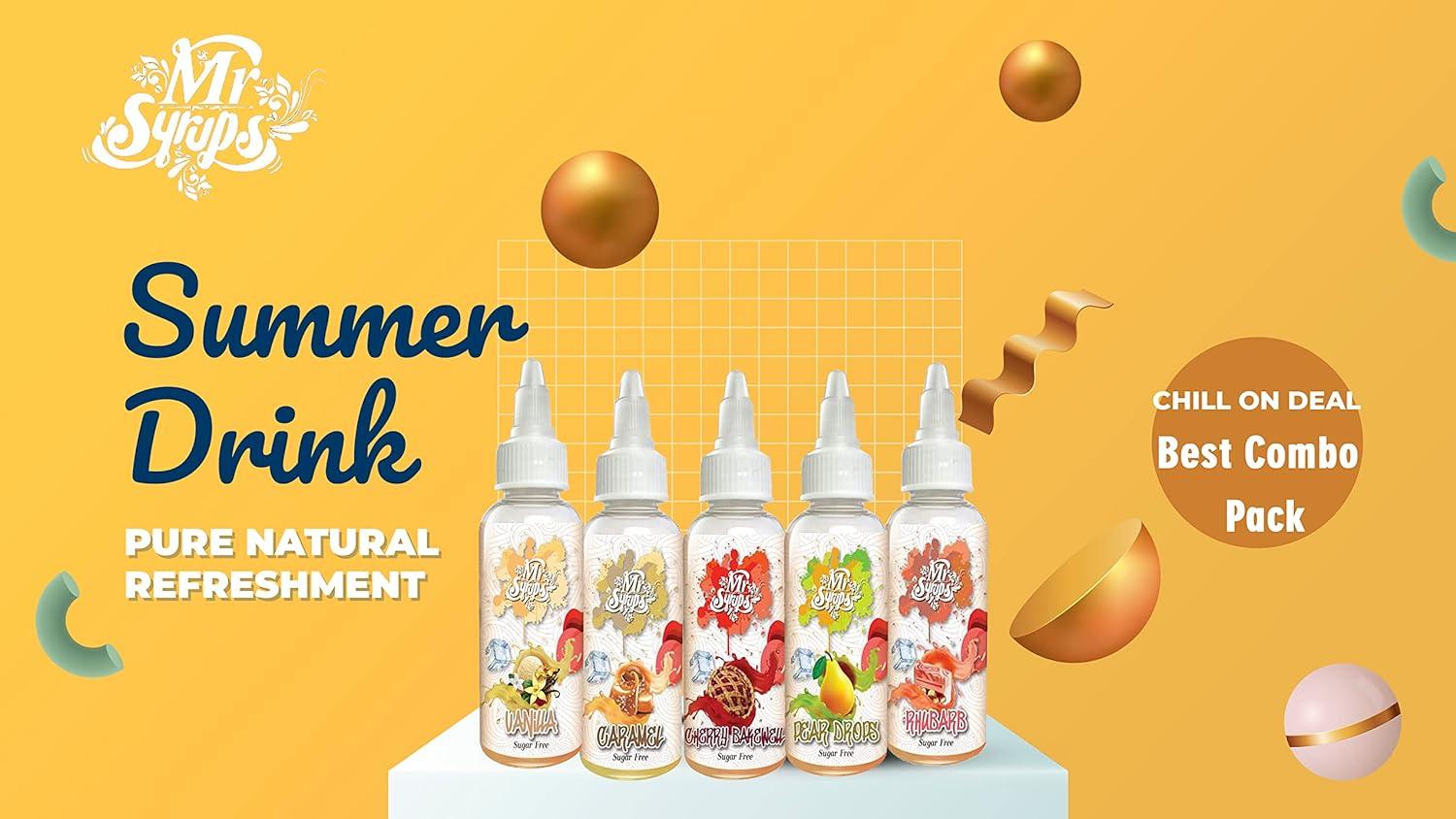 Mr Syrups Caramel Vanilla Cherry Bakewell Pear Drops Rhubarb Combo Pack ...