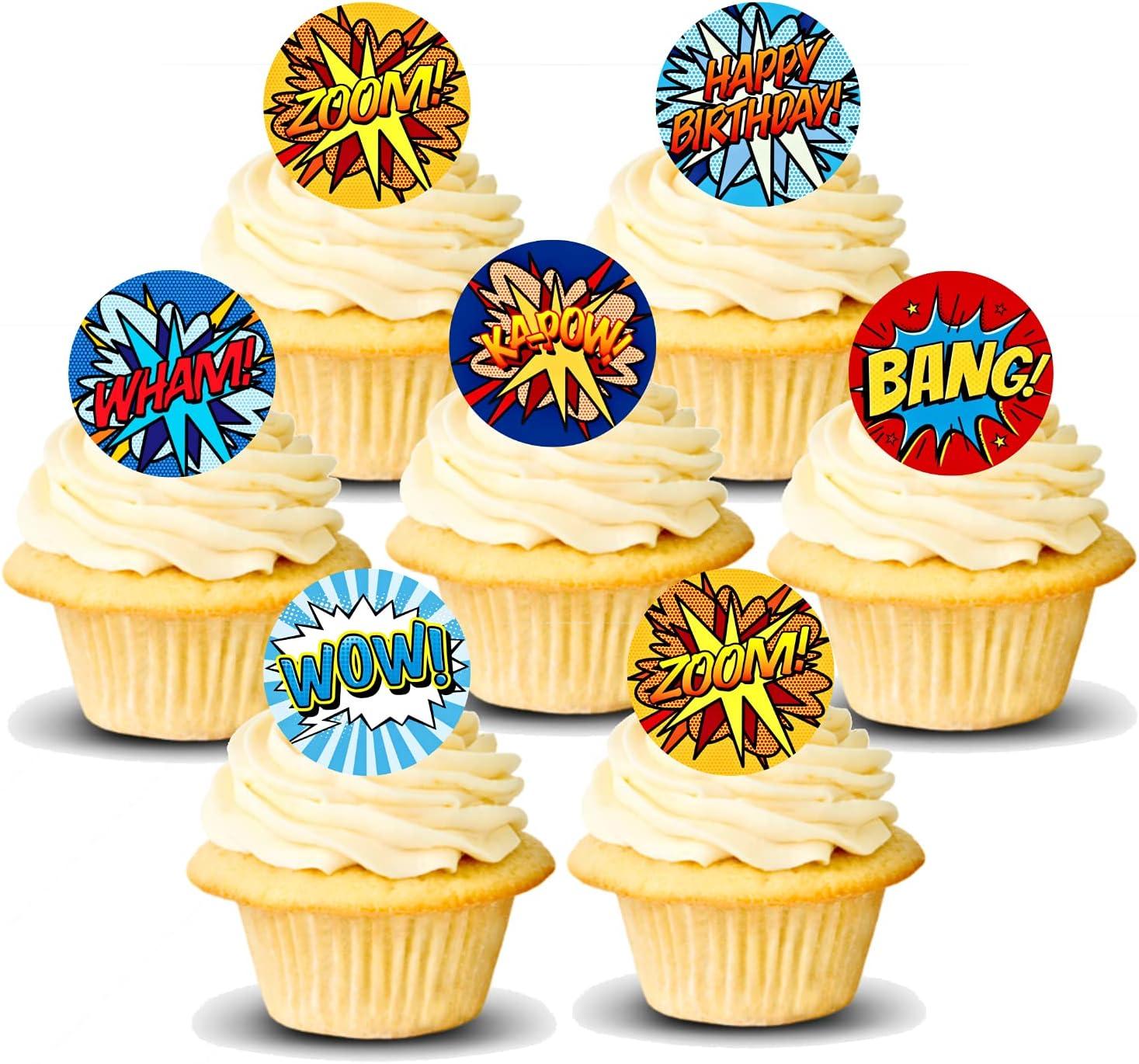 24x Pre-cut Superhero Pow Boom Happy Birthday Circles Edible Thick ...