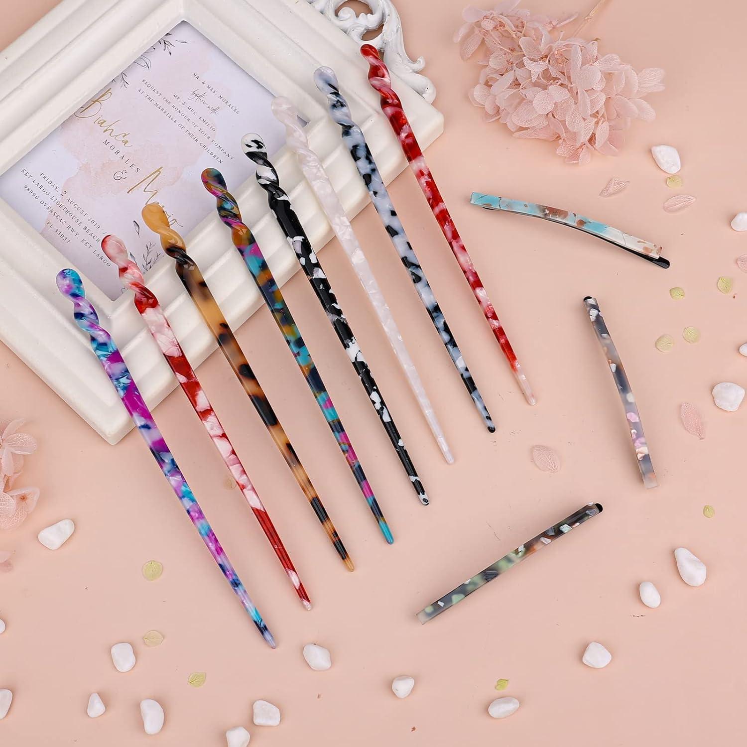 Savita 10-Piece Acetate Hair Sticks | Retro Leopard & Tortoise Short ...