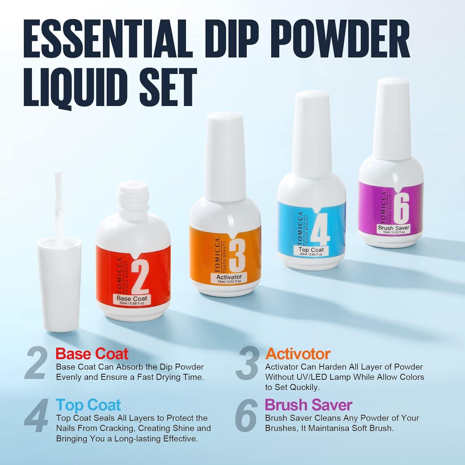 TOMICCA Dipping Powder Liquid Set - Base, Top Coat, Activator, Brush ...