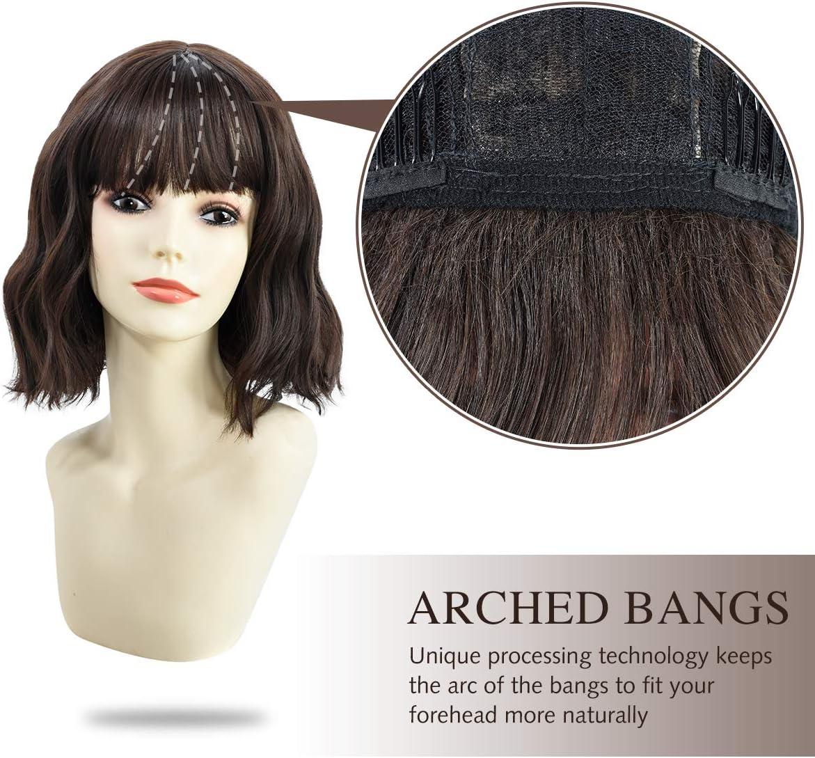 Wavy Bob Wig with Bangs - Natural Brown Synthetic Hair Shoulder Length ...
