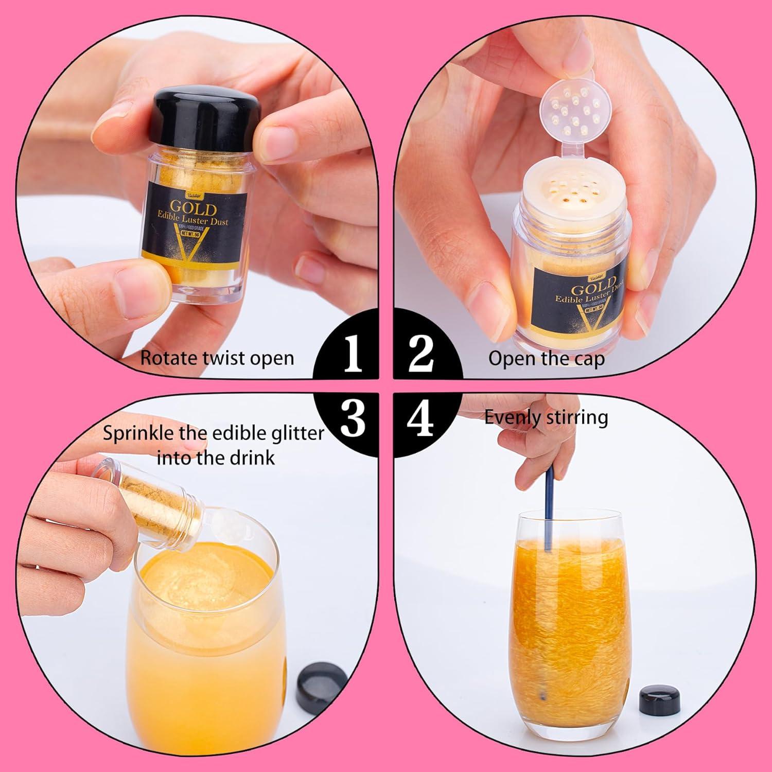 Edible Glitter - 4 Colors of Metallic Powder for Drinks Cakes & Food ...