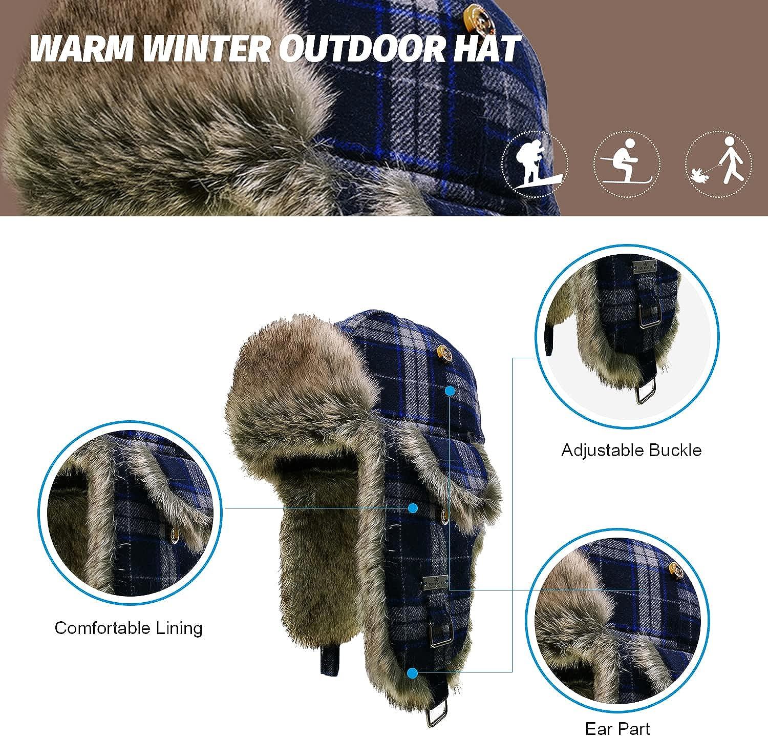 Wool Faux Fur Winter Trapper Hat | Blue Aviator Ski Trooper Hat with ...
