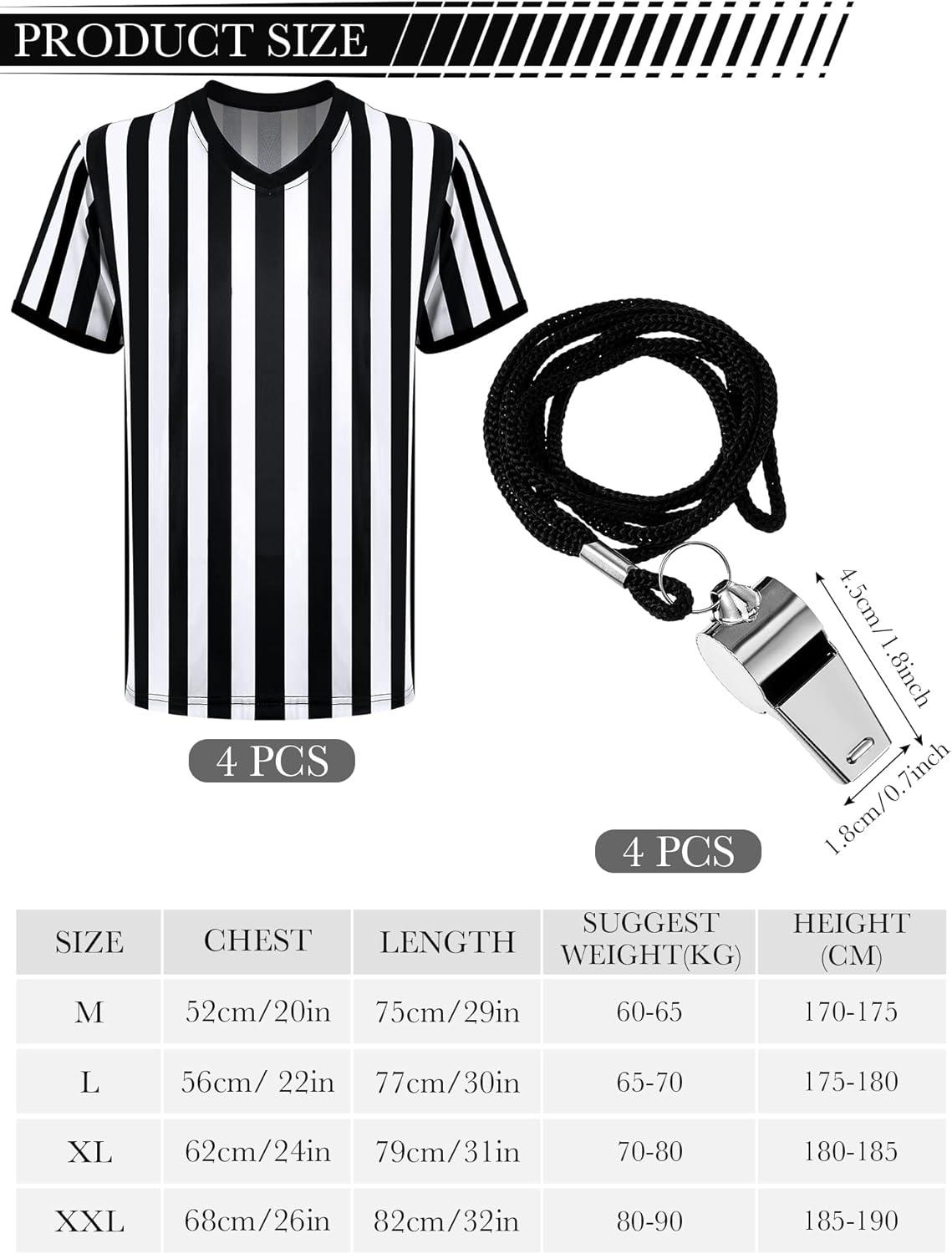 4 Pack Black White Stripe Referee Shirt Set with Whistle - Official V ...