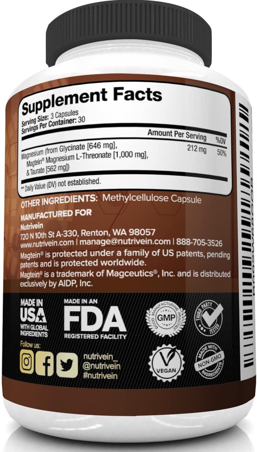 Nutrivein Magnesium L-Threonate (Magtein) 2207mg - Brain Health, Memory ...