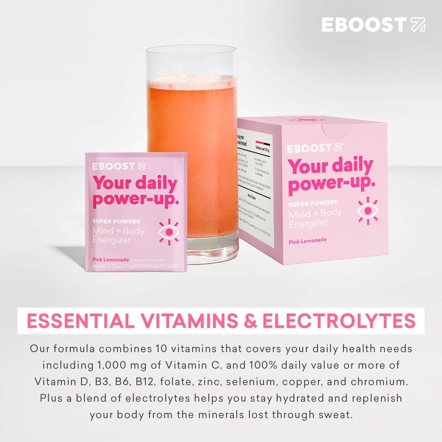 EBOOST Energy Drink & Electrolyte Powder 20 Packets - Pink Lemonade, No ...