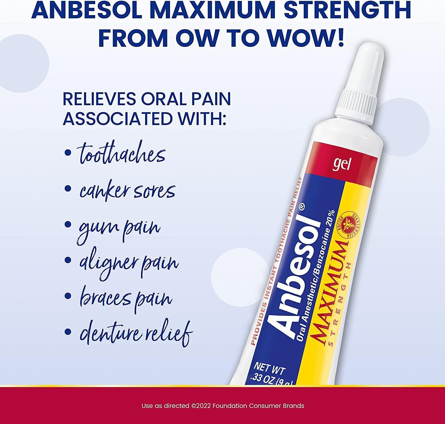 Anbesol Gel Maximum Strength 0.33 oz (Pack of 4) - Fast Pain Relief for ...