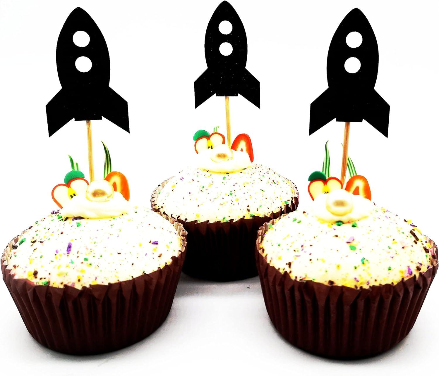 Black Glitter Rocket Ship Cupcake Toppers for Baby Shower Boys Girls ...